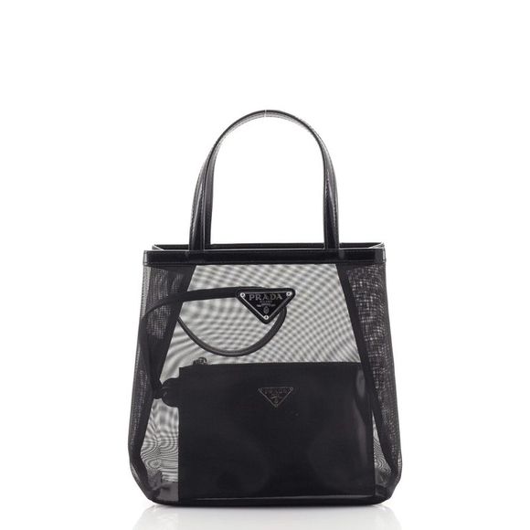 Prada | Bags | Prada Logo Open Tote Mesh Small Black | Poshmark
